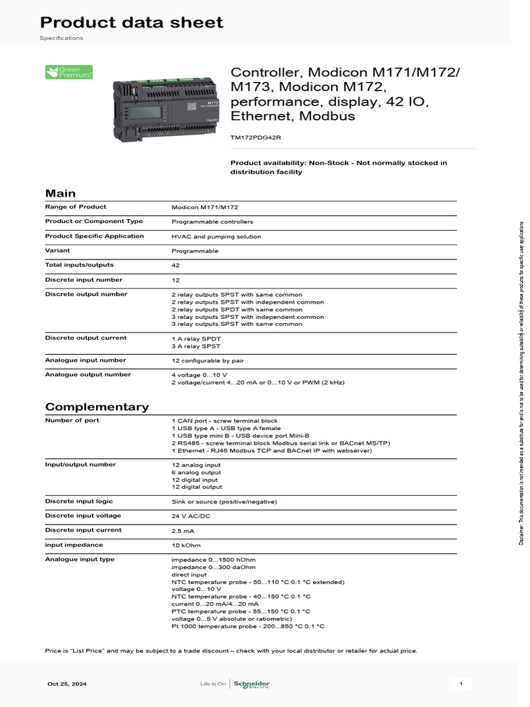 Schneider Electric - Modicon-M171-M172-Logic-Controller - TM172PDG42R ...
