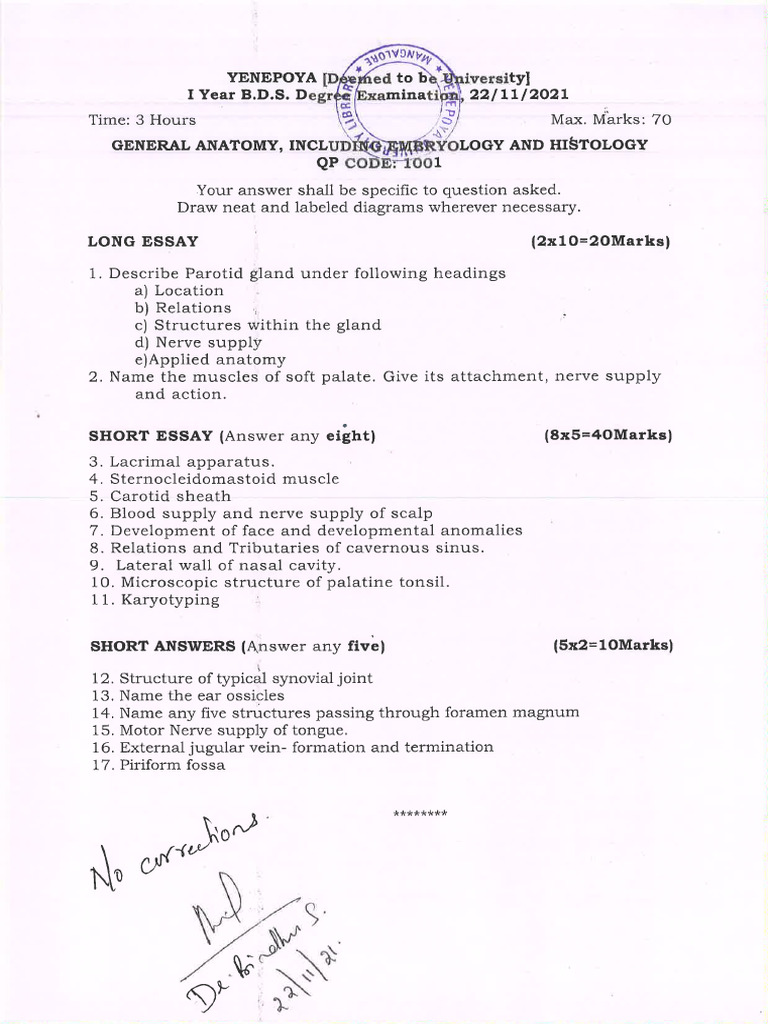 Anatomy Previous Year Papers 1st Bds | PDF | Teaching Methods & Materials