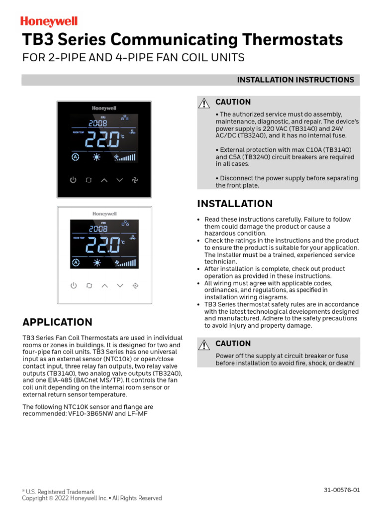 HBT 31 00576 01 TB3 Series Communicating Thermostat Installation ...