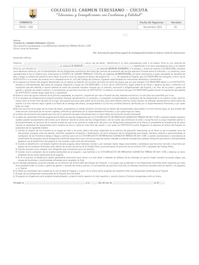 Fgad 028 Carta de Instrucciones Pagare | PDF