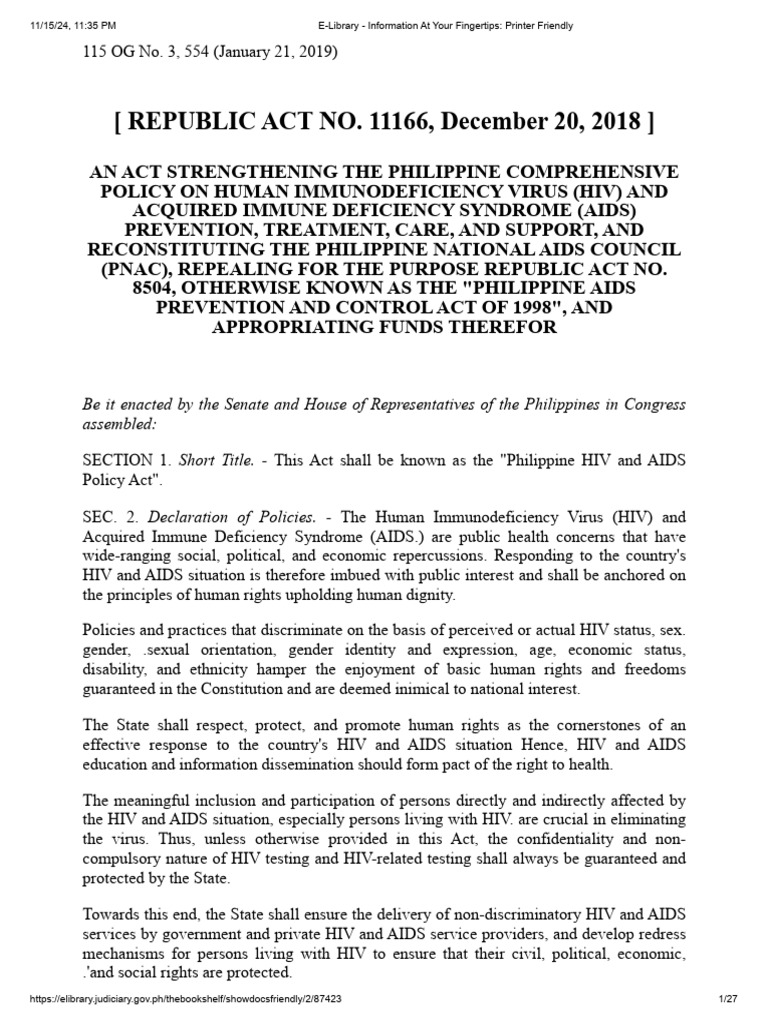 RA 11166 Philippine HIV and AIDS Policy Act - SC | PDF | Safe Sex | Hiv ...