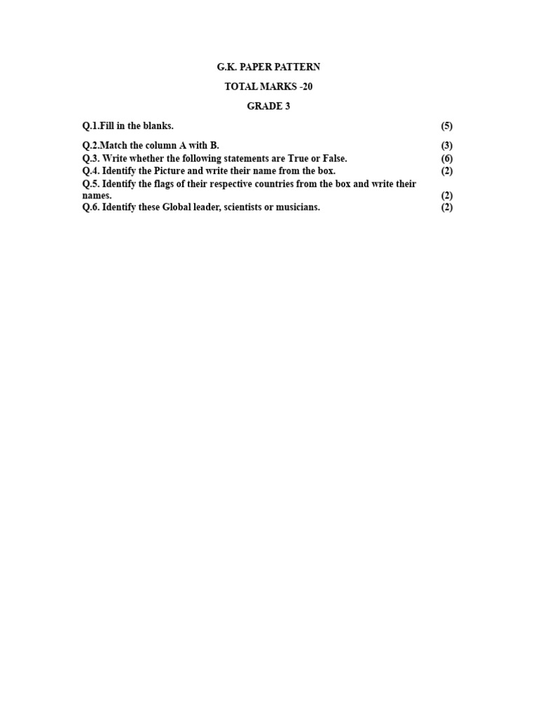 Grade 3 G.K. Paper Pattern | PDF