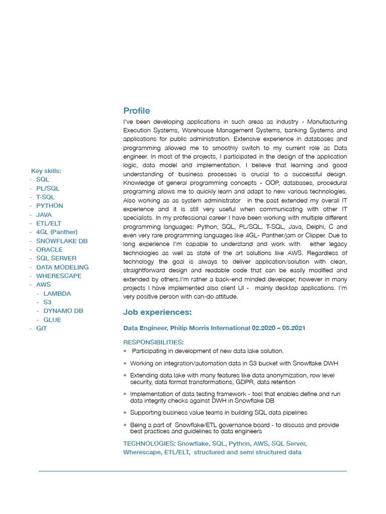 Experienced Data Engineer Profile | PDF | Sql | Computer Programming