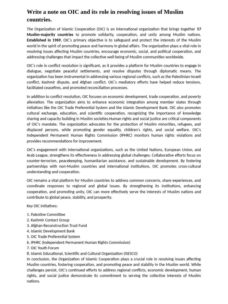 Write A Note On OIC and Its Role in Resolving Issues of Muslim ...