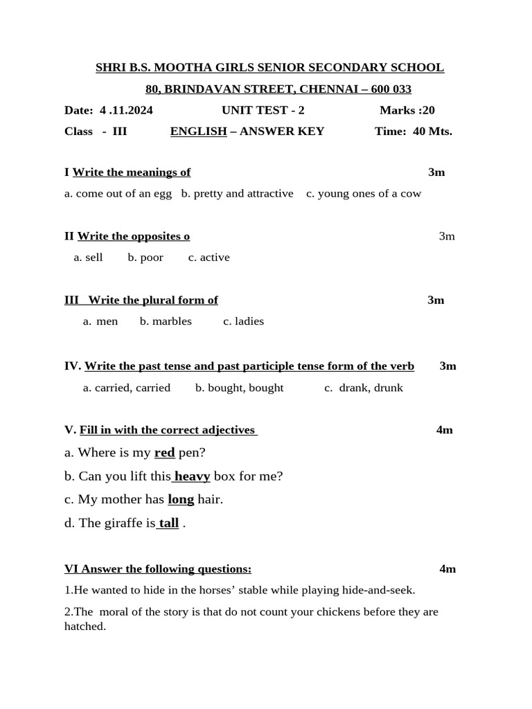 Class 3 English Unit Test 2 Answer Key (2) - 1 | PDF