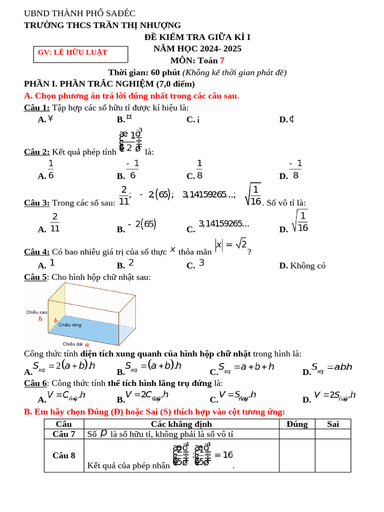 ĐỀ - ĐA - TOÁN 7 - GK1 - T LUẬT - 2024 - 2025 | PDF