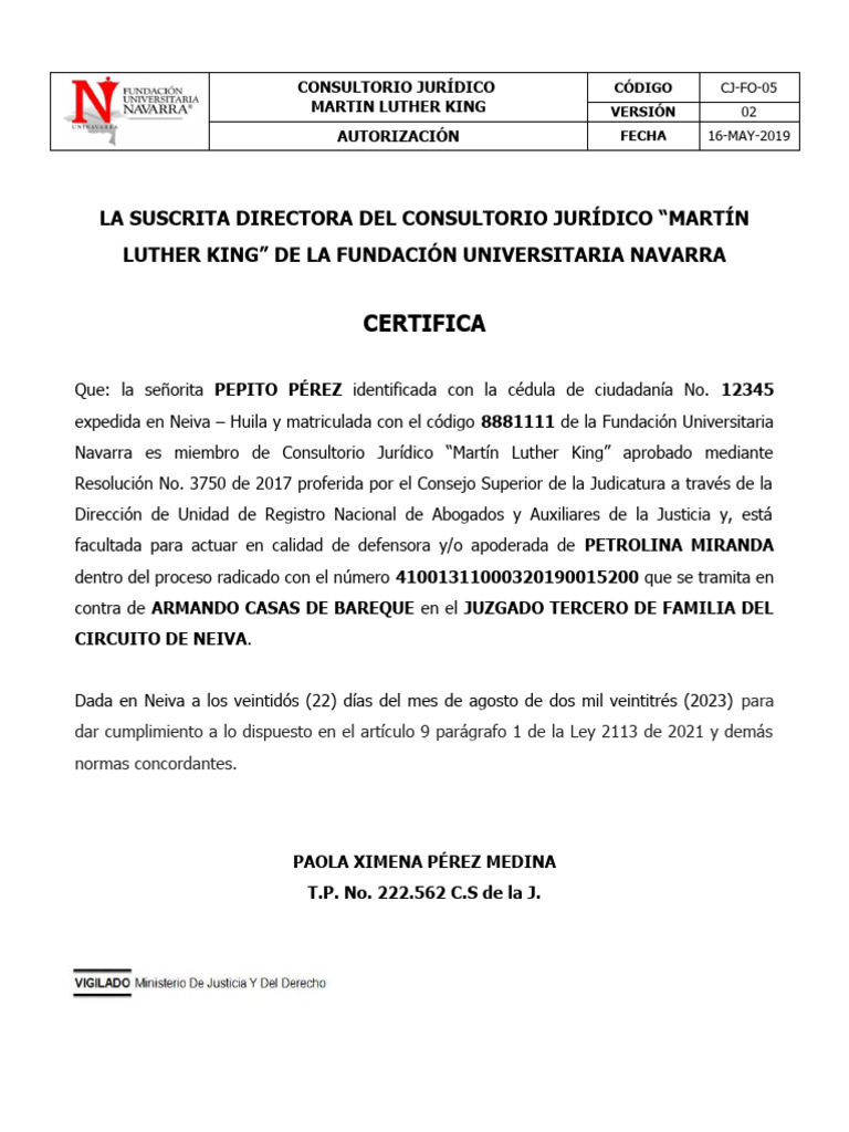 Modelo Autorización - Señorita | PDF