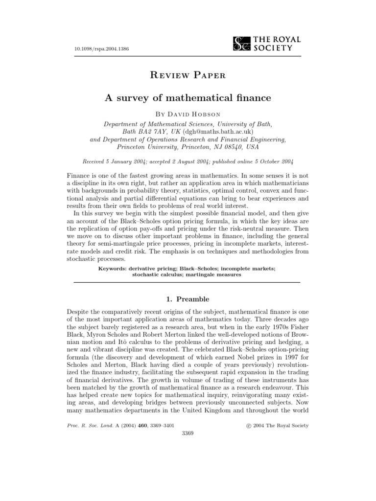 Hobson Survey of Math Finance | PDF | Option (Finance) | Black–Scholes Model