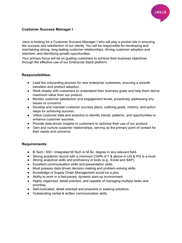 Customer Success Manager Role at Javis | PDF | Customer Relationship ...
