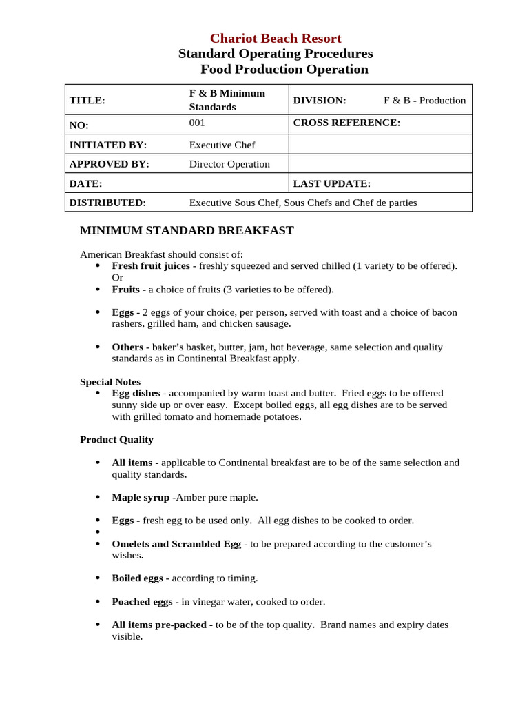 Minimum Breakfast Standards SOP | PDF | Western Cuisine | Food And ...