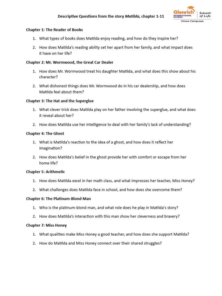 Descriptive Questions - Matilda (Chapter 1-11) | PDF | Cognition ...
