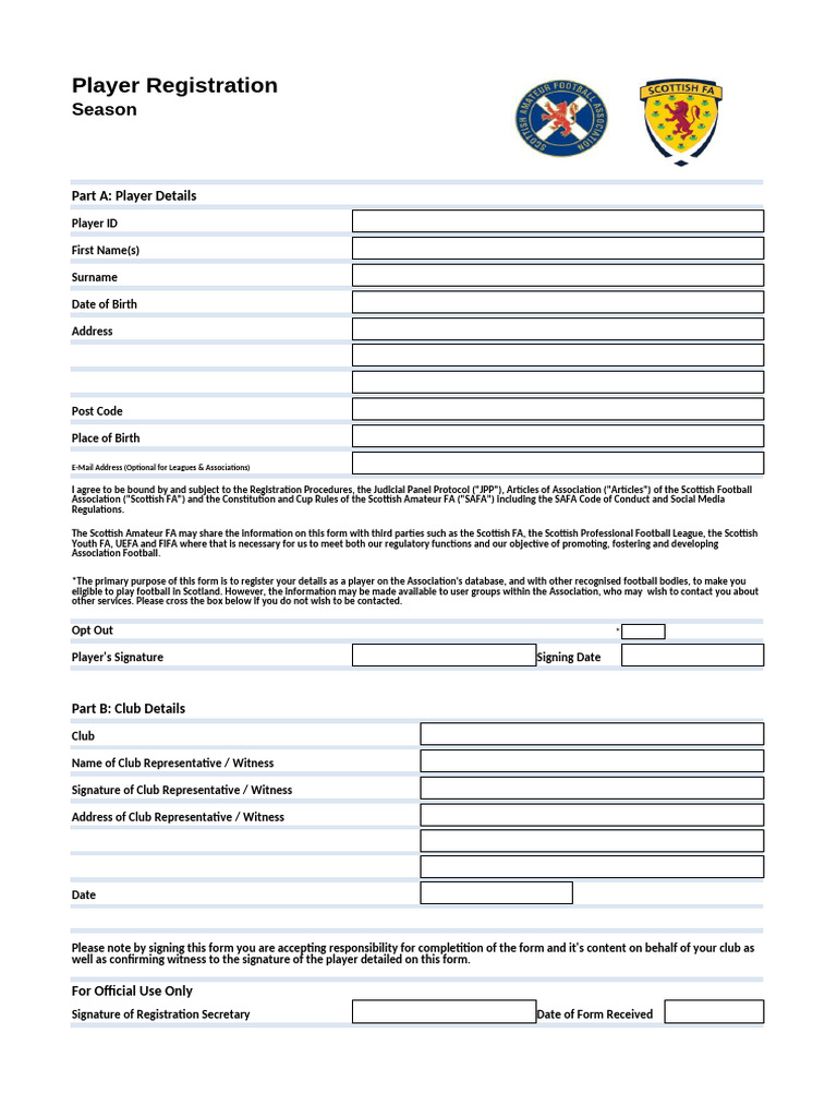 New Player Registration Form | PDF
