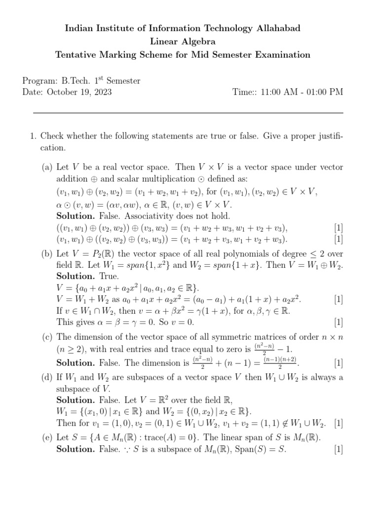 2023 LAL Mid-Sem QP & MS | PDF | Linear Map | Mathematical Physics