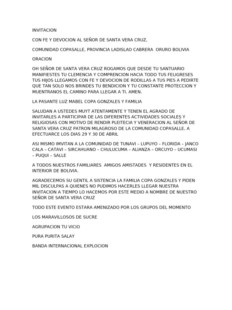 Invitación a la Fiesta del Señor de Santa Vera Cruz | PDF