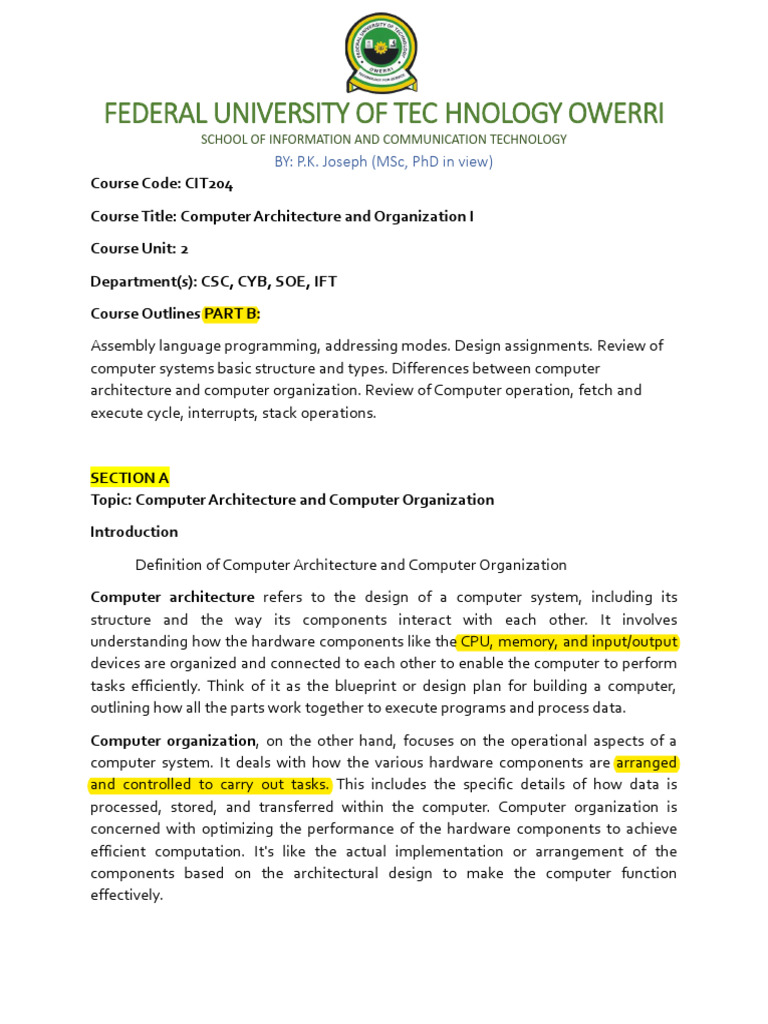 Cit Lecture Note Part B by P - K - Joseph | PDF | Assembly Language | Computer Data Storage