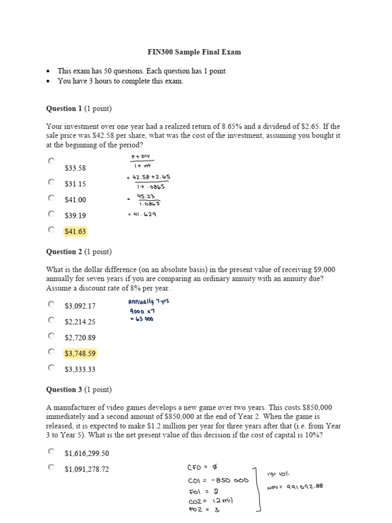 FIN300 Sample Final Exam (With Answers) | PDF | Internal Rate Of Return | Net Present Value