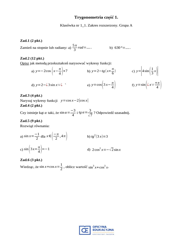 2021 1 Klasowka kl3 Trygonometria CZ 1 ZR Ab | PDF