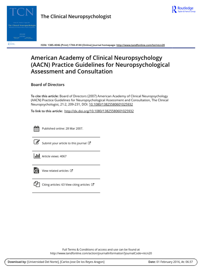 American Academy of Clinical Neuropsychology (AACN) Practice Guidelines For Neuropsychological ...