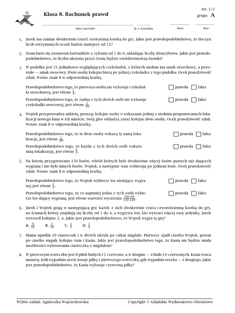 Klasa 8 - Rachunek Prawdopodobieå Stwa - Obliczanie Questions-3 | PDF