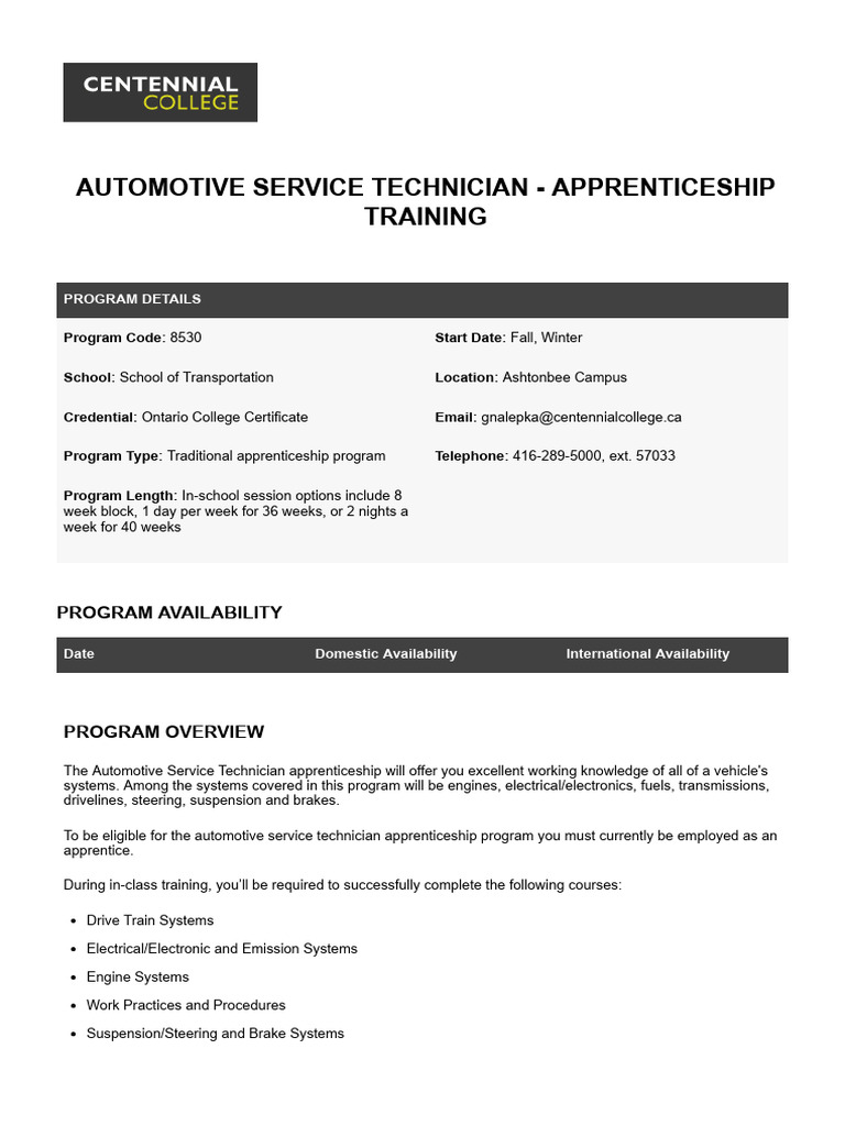 Automotive Service Technician - Apprenticeship Training - Centennial ...