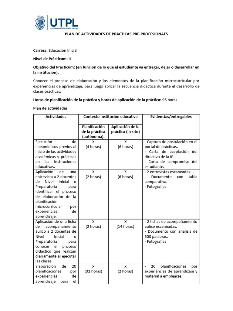 Plan de Actividades Prácticum Ii | PDF | Educación de la primera ...