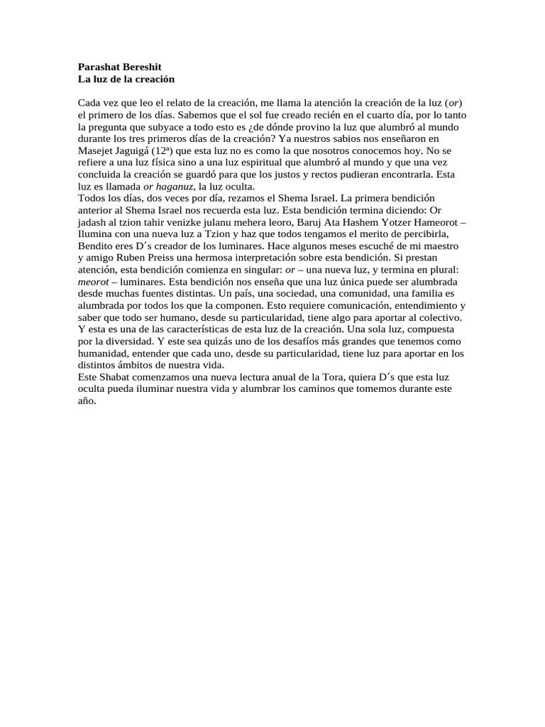 Parashat Bereshit La Luz de Bereshit | PDF