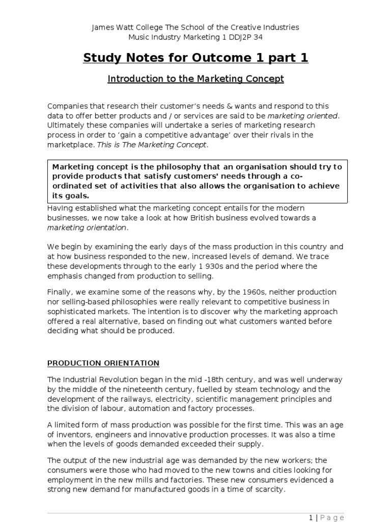 Study Notes Outcome 1 | PDF | Sales | Marketing