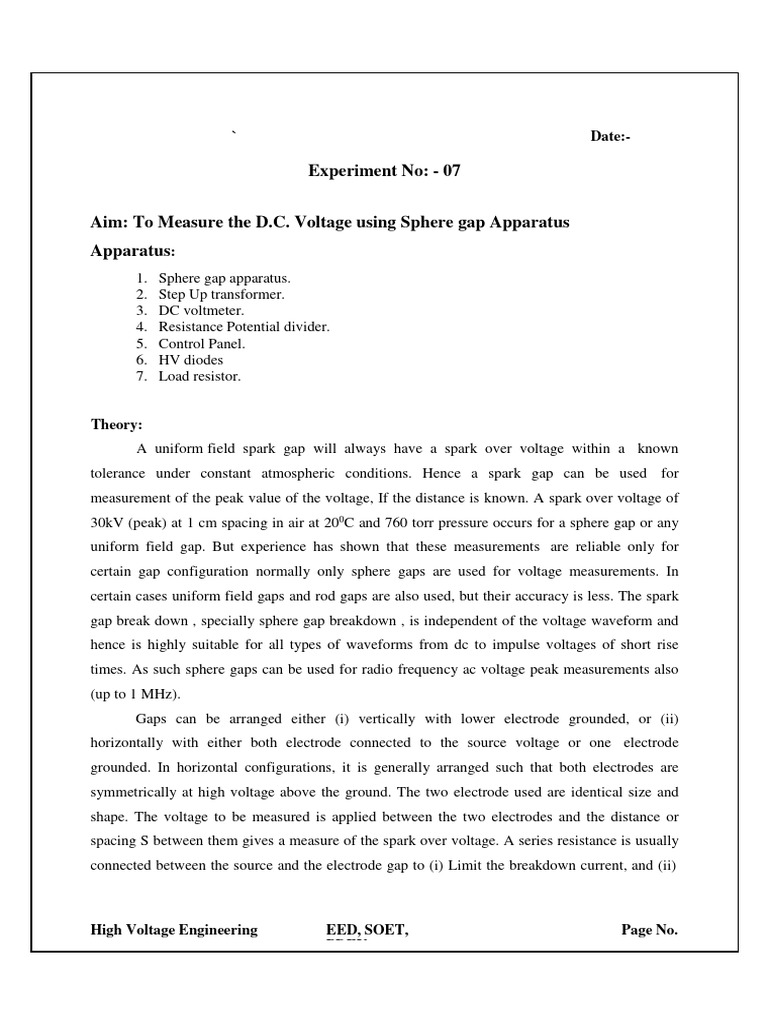 Exp-7 Measurement of DC Voltage-Sphere Gap | PDF | Voltage | High Voltage