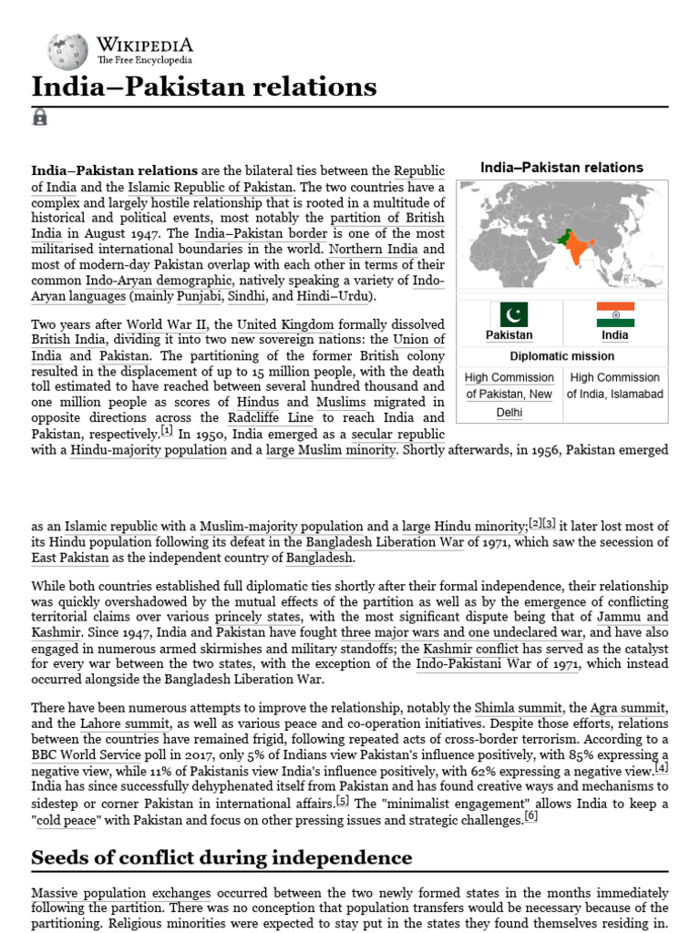 India-Pakistan Relations - Wikipedia | PDF | India–Pakistan Relations ...