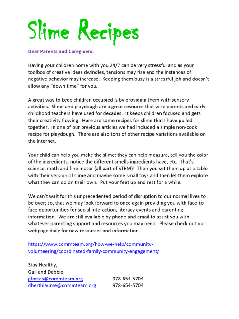 Parent Notice Slime Recipes | PDF | Water