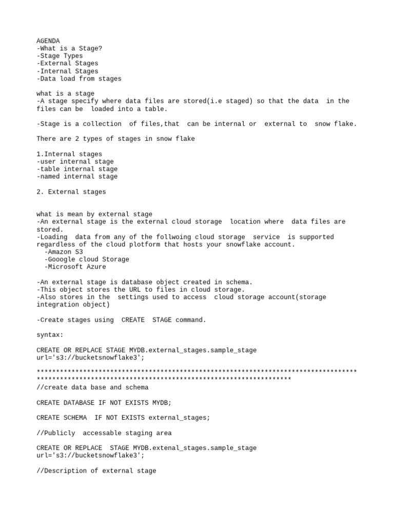 Snowflake Stages and Data Loading | PDF | Database Schema | Computing