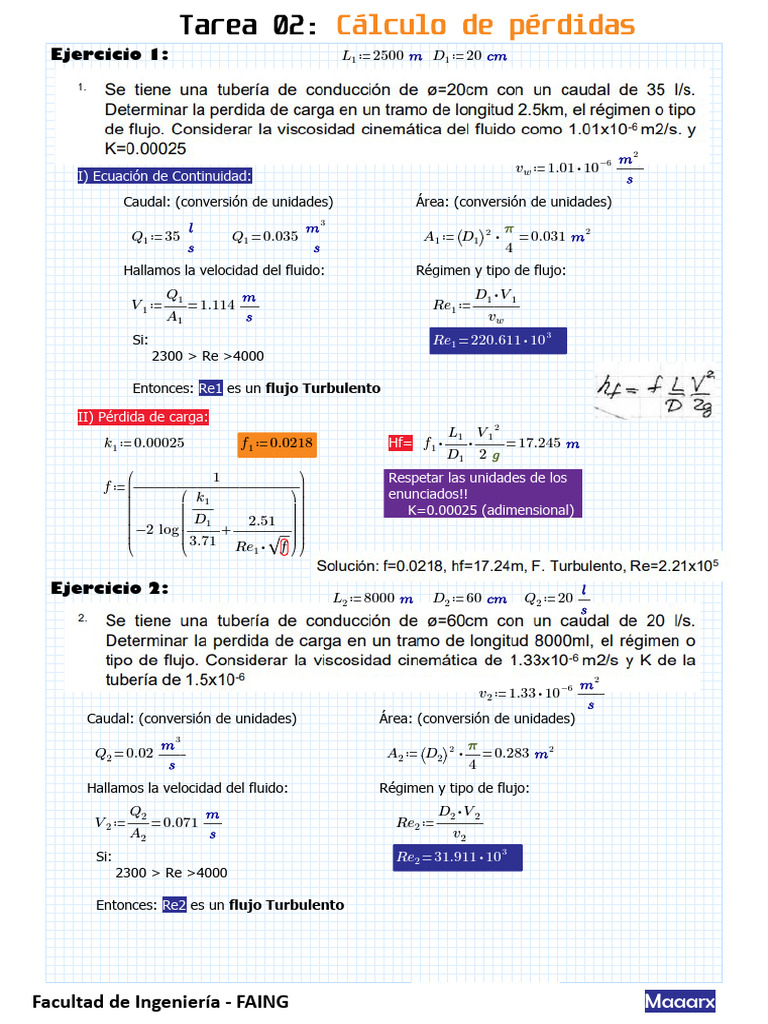 Tarea Flujo Permanente en Conductos A Presion Calculo de Perdidas Falta Ejer 06 | PDF | Dinámica ...