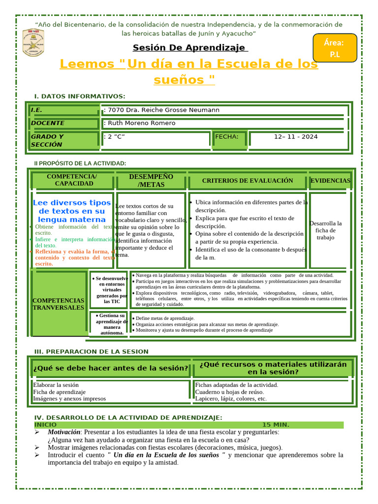12 11 PL Leemos Un Día en La Escuela de Los Sueños | PDF | Aprendizaje ...
