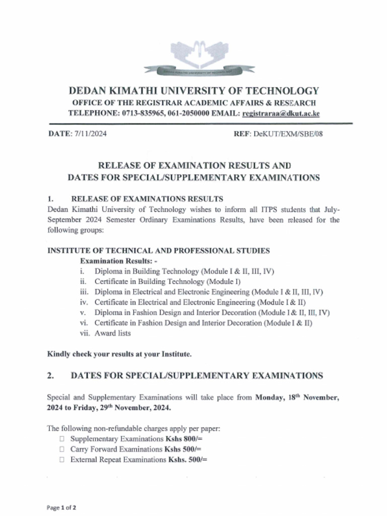 Notice To Students On Release of Examination Results and Dates For ...
