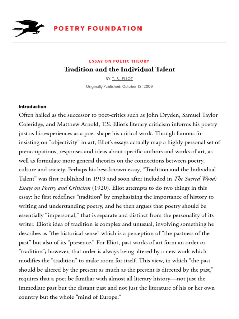 Eliot's Tradition and Individual Talent Analysis | PDF