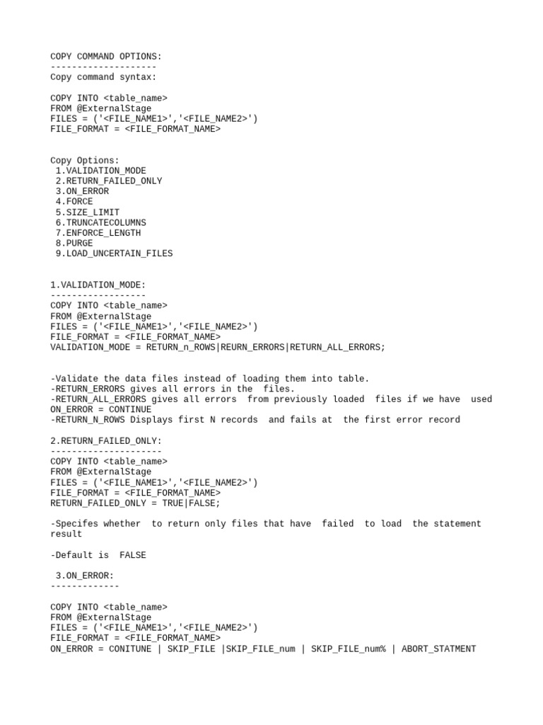 Session-15-Snowflake Copy Command Options | PDF | File Format | Comma Separated Values