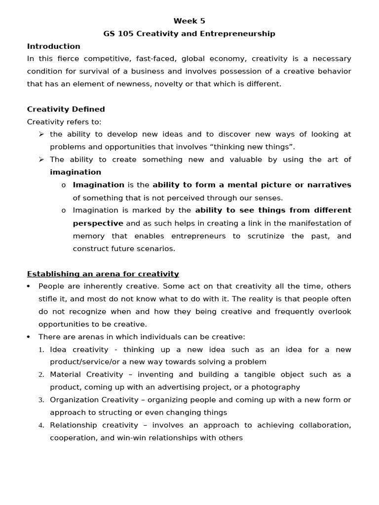 Week 5 Creativity and Innovation - 014442 | PDF | Creativity | Idea