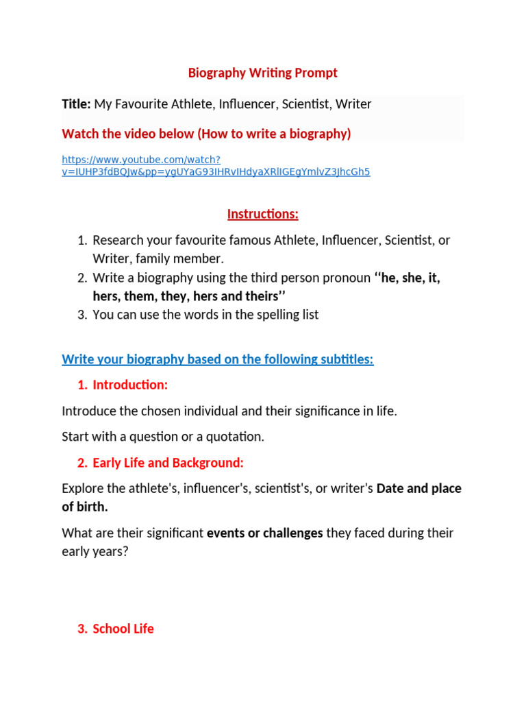 HW A Biography Writing Prompt | PDF | Linguistics