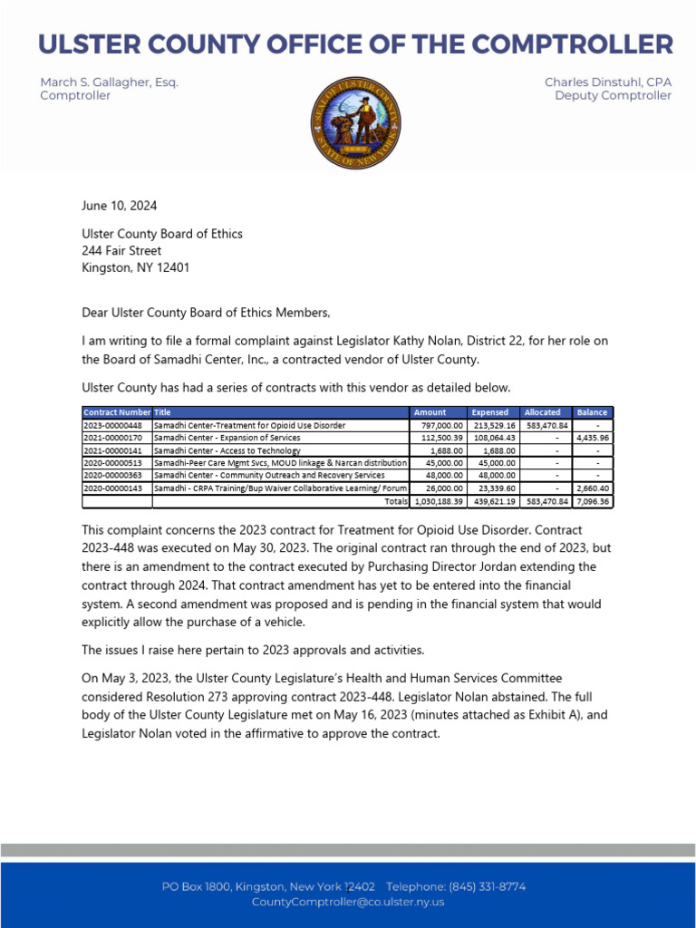 Letter From Comptroller March Gallagher To Board of Ethics | PDF ...