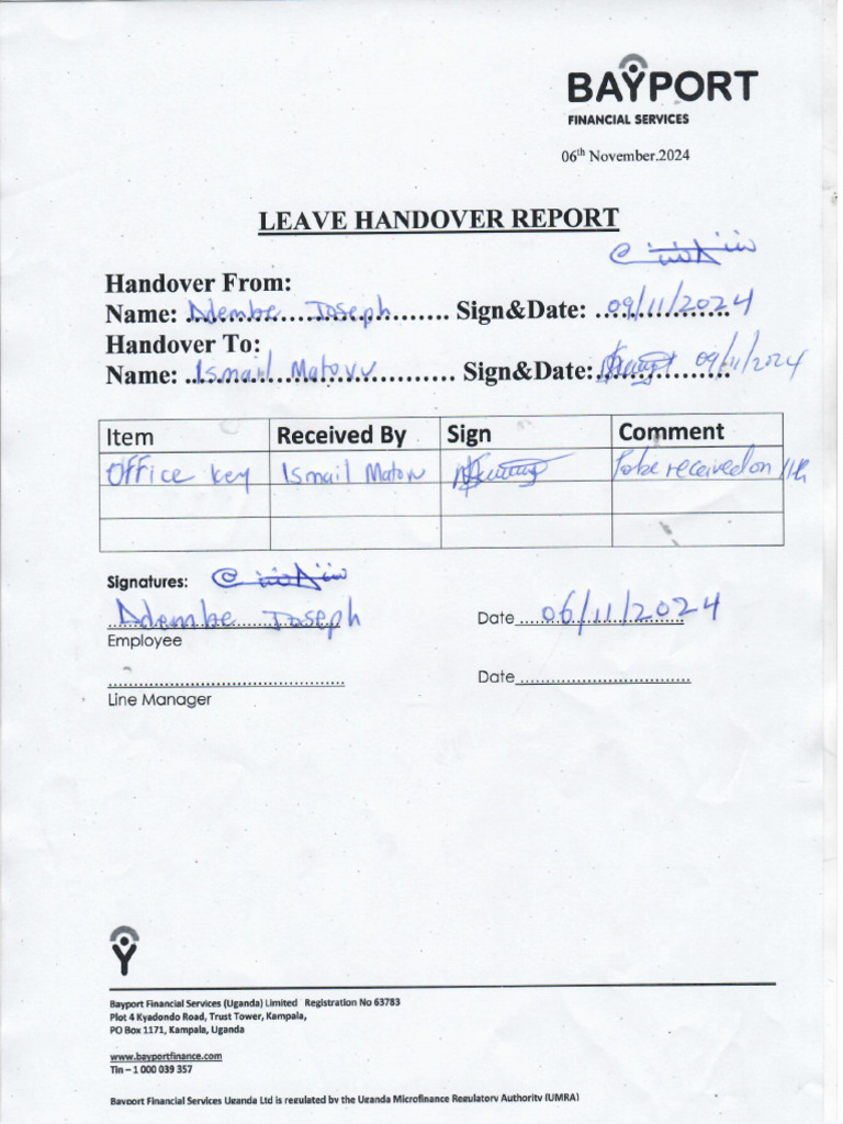 Ddembe Joseph Leave Handover Report | PDF