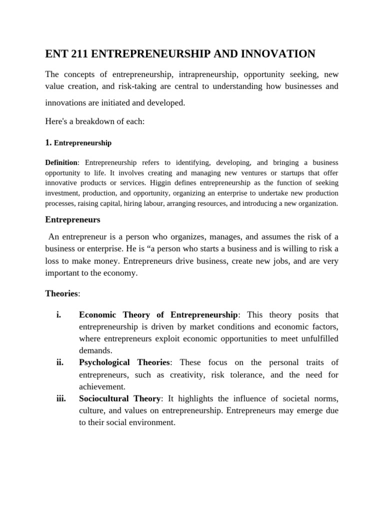 Entrepreneurship and Innovation for 200 Lvl | PDF | Entrepreneurship | Innovation
