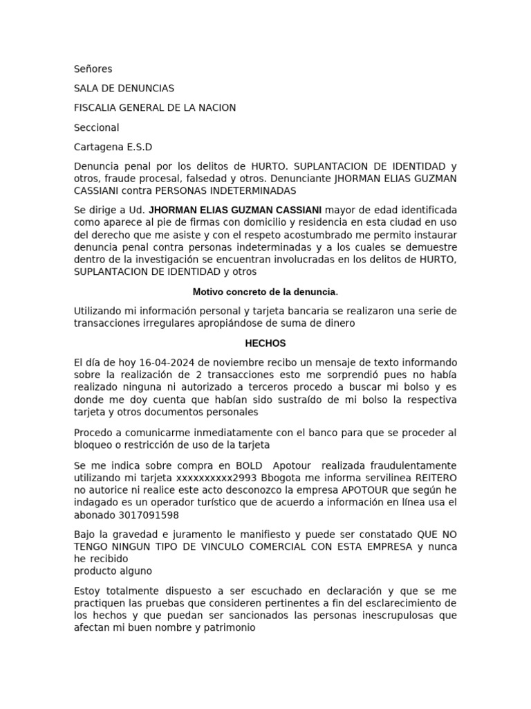 DENUNCIA SUPLANTACION DE IDENTIDAD. Jhorman | PDF | Suplantación de ...