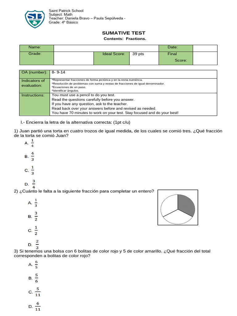 Prueba Sumativa de Fracciones 4º Básico | PDF