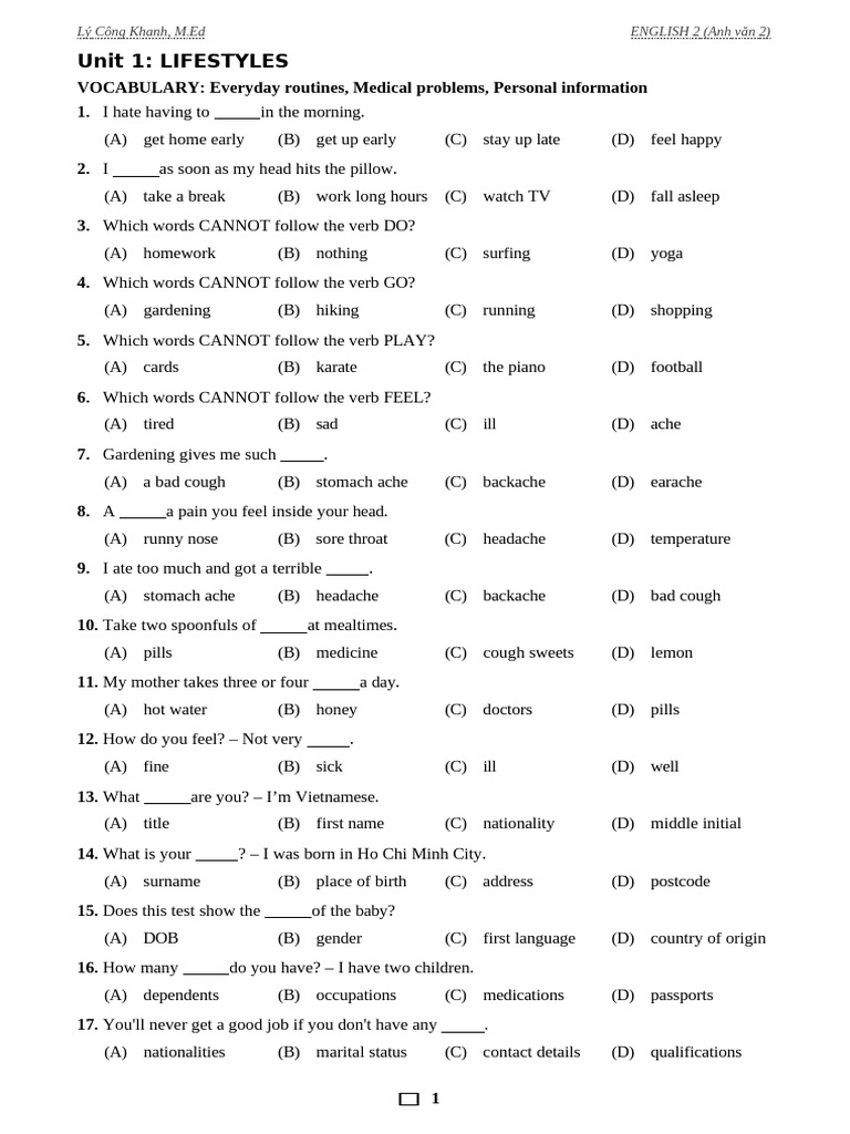 Anh Văn 2 (LIFE A2-B1) - Vocab Grammar Exercises (Đáp Án) | PDF | Sports