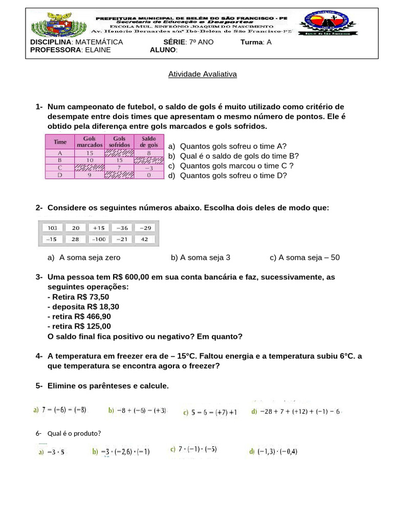 Atividade Avaliativa 7 Ano | PDF