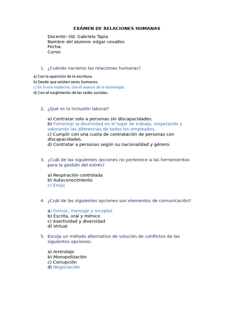 Exámen de Relaciones Humanas | PDF
