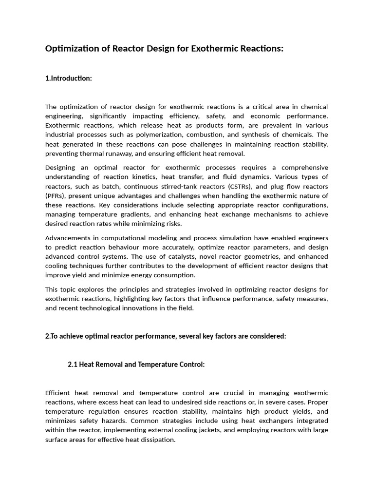 Optimization of Reactor Design For Exothermic Reactions | PDF | Chemical Reactor | Chemical ...