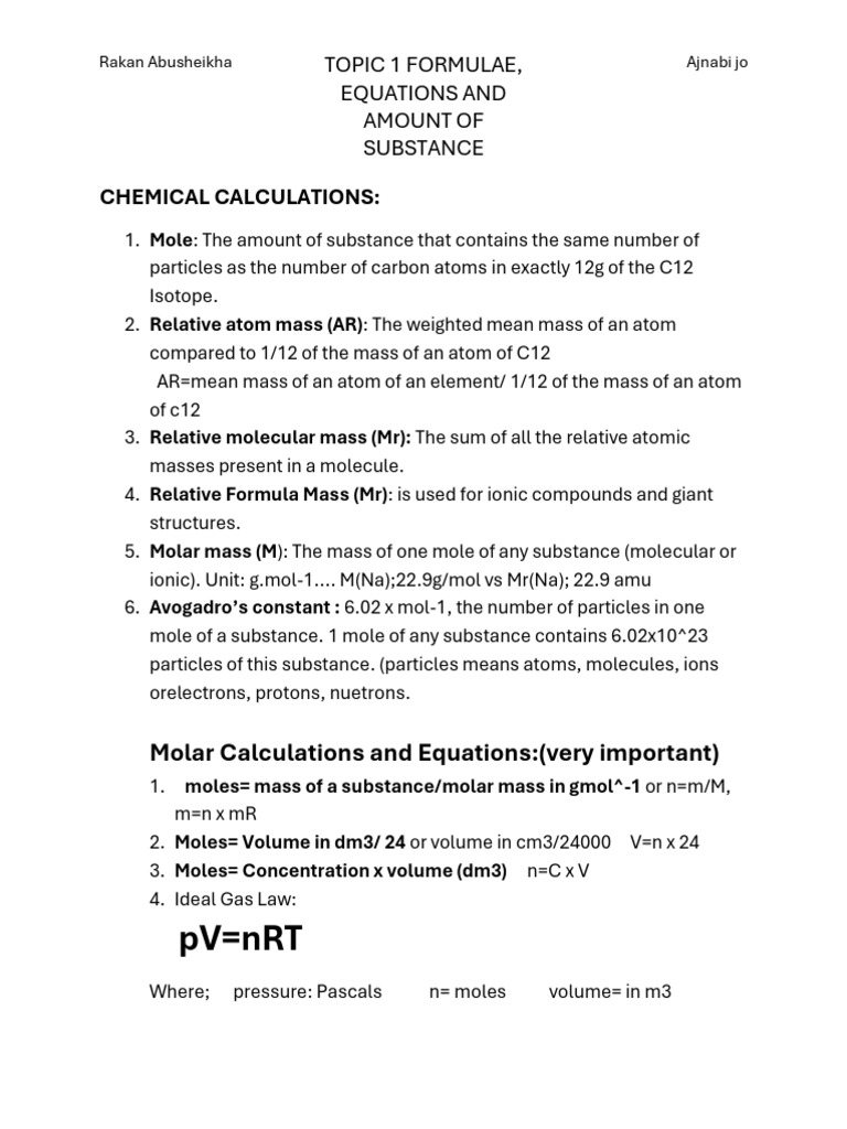 Chemical Calculations and Formulas Guide | PDF | Mole (Unit) | Chemical ...