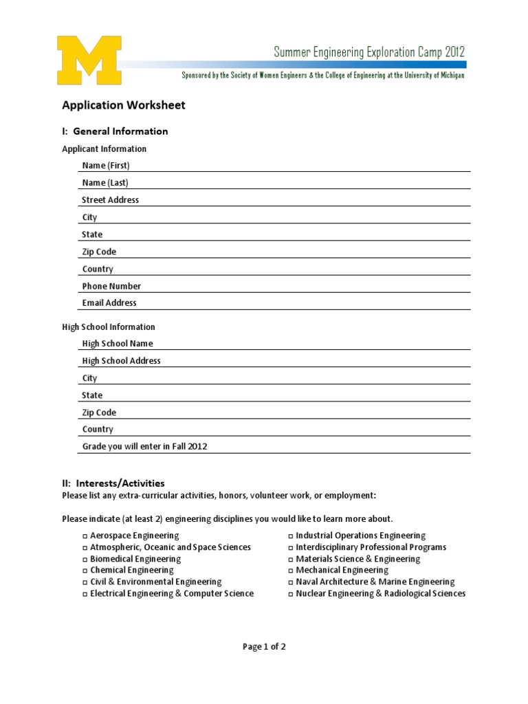 SEE Camp Application Worksheet | PDF | Student Financial Aid In The ...