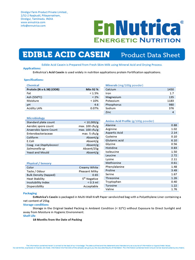 Edible Acid Casein Product Data Sheet | PDF | Milk